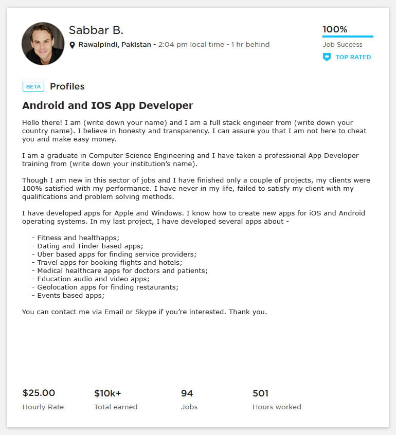 Upwork Profile Overview Sample For Mobile App Android IOS Webson Job